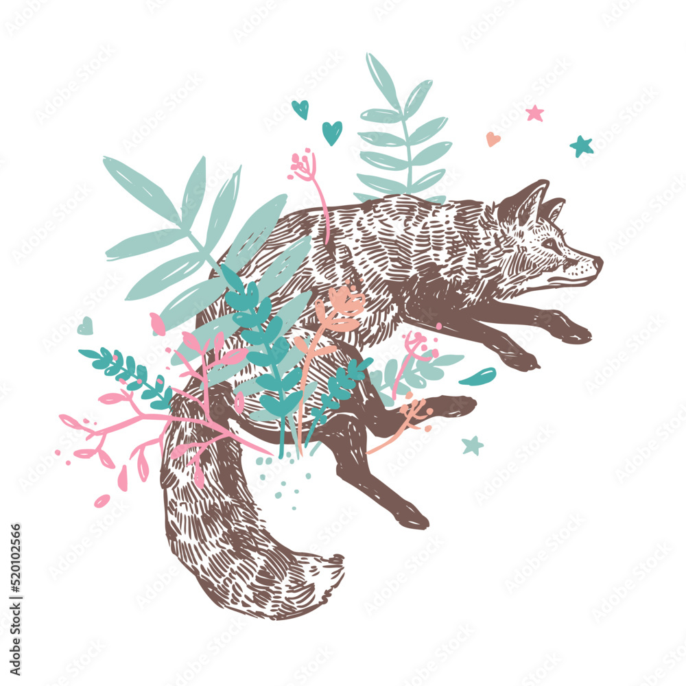 Jumping hunting fox with growing flowers, plants and leaves. Sketch ...