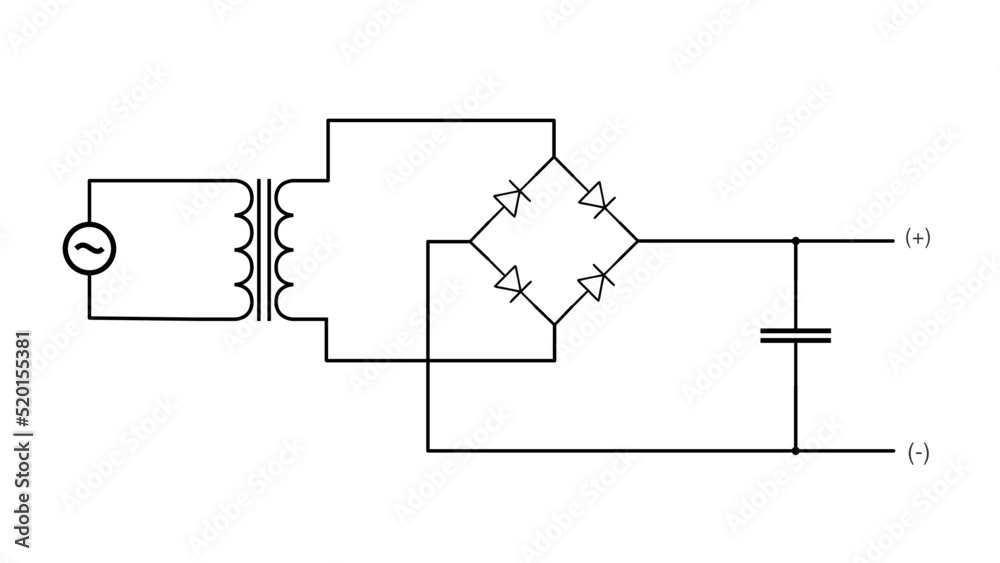 AC to DC Converter Circuit diagram with transformer. Full wave ...