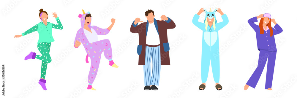 A bunch of men and women dressed in pajamas, kingurumi. Set of people ...