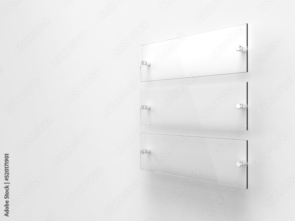 Three blank transparent glass interior corporate signage plates Mock up ...