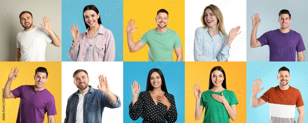 Collage with photos of cheerful people showing hello gesture on ...