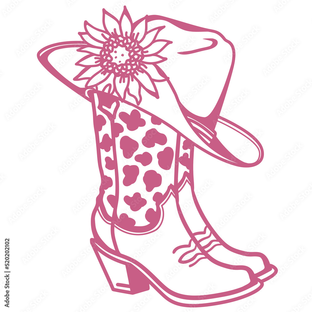 Cowboy boots and cowboy hat with flowers decoration. Cowgirl boots ...