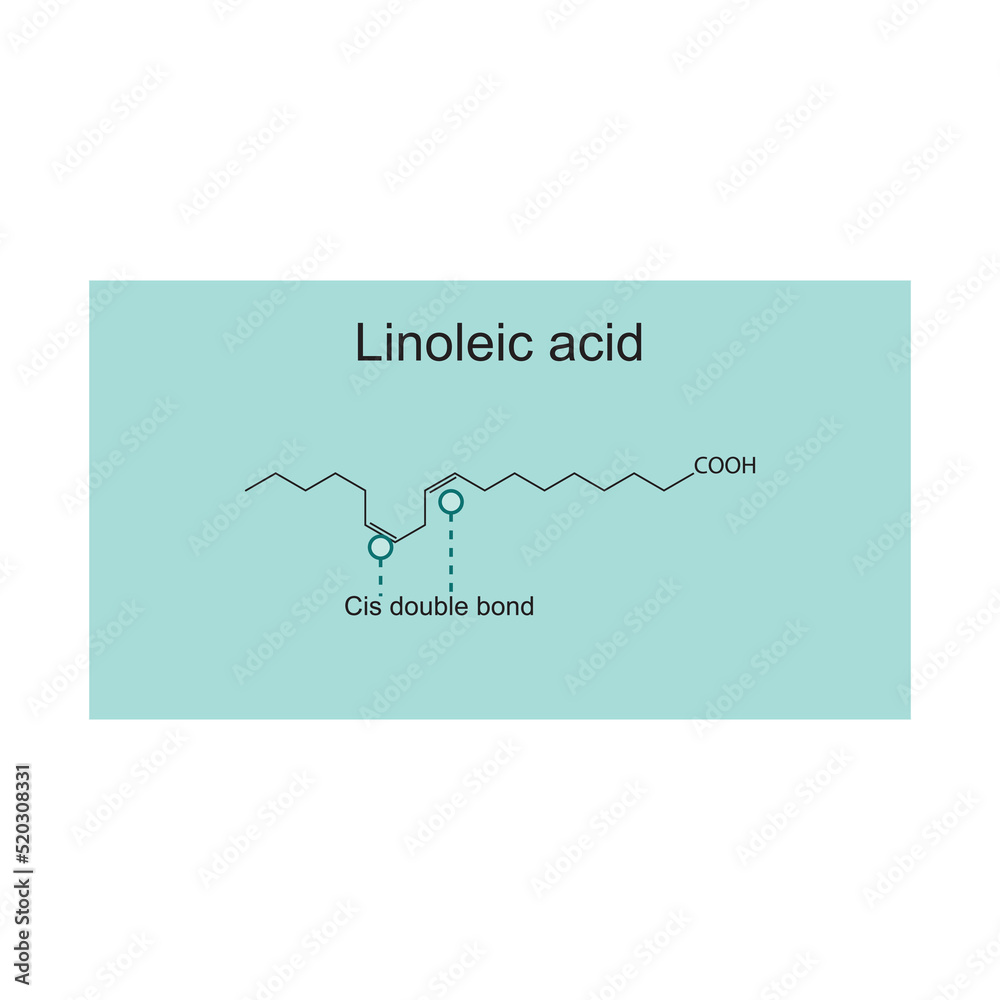 Linoleic acid (18 carbon fatty acid) chemical structure on blue ...