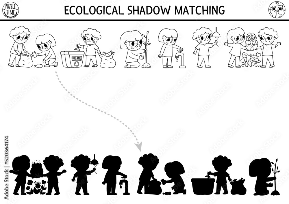 Ecological black and white shadow matching activity with kids caring of ...
