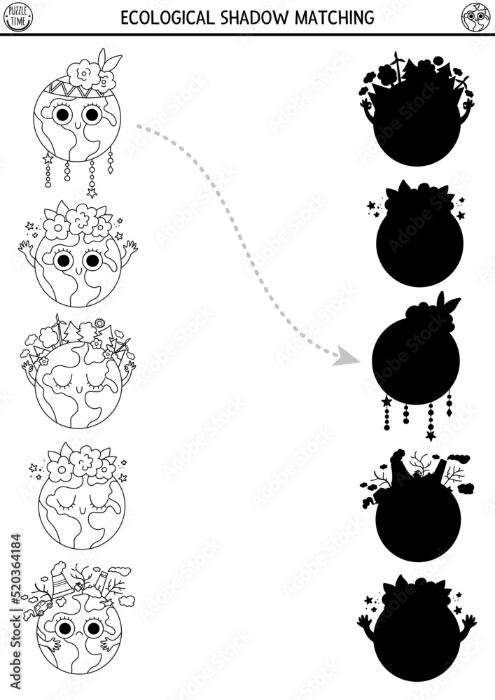 Ecological black and white shadow matching activity with cute planets ...