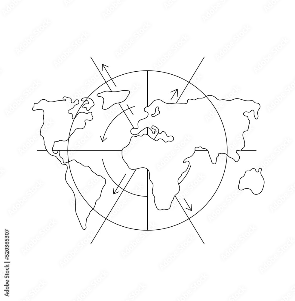 Vector isolated world map compass colorless black and white contour ...
