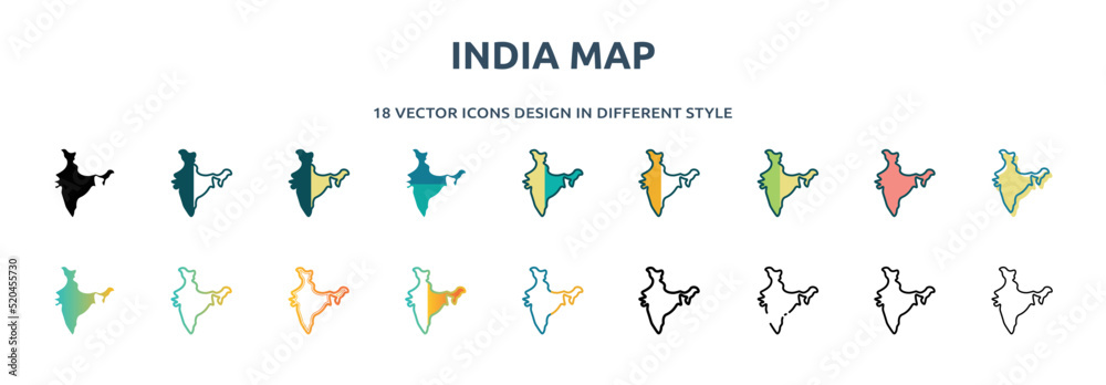 india map icon in 18 different styles such as thin line, thick line ...