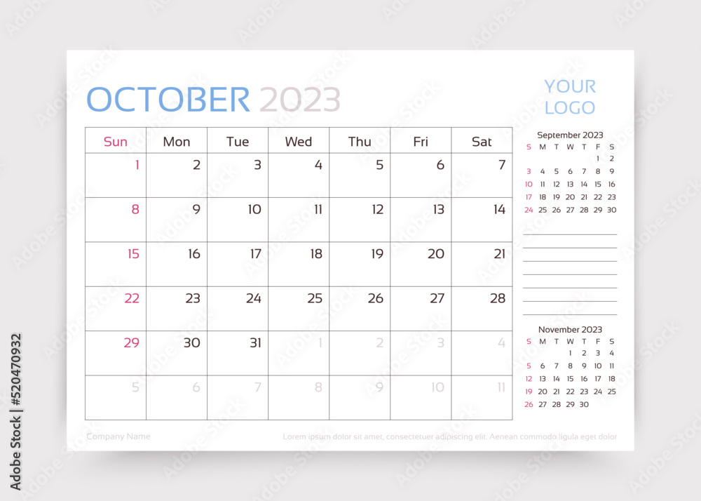 October 2023 year calendar. Planner calender layout. Week starts Sunday ...