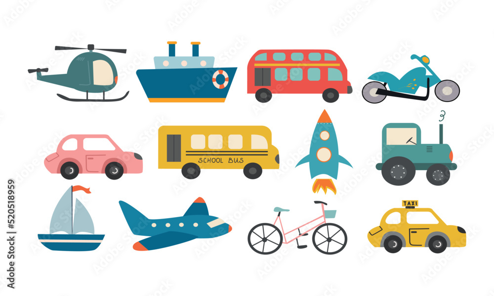 Cute cartoon style transportation set. Vector illustrations. Stock ...