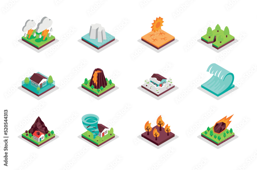 Vektor Natural disaster concept 3d isometric icons set. Bundle elements ...