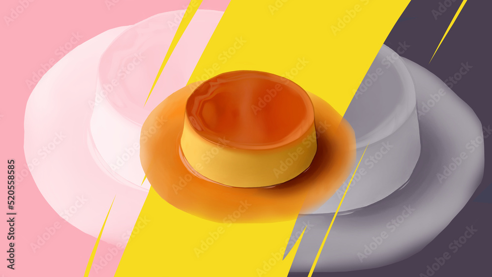 creme caramel with sweet syrup in the middle of pink and yellow and ...