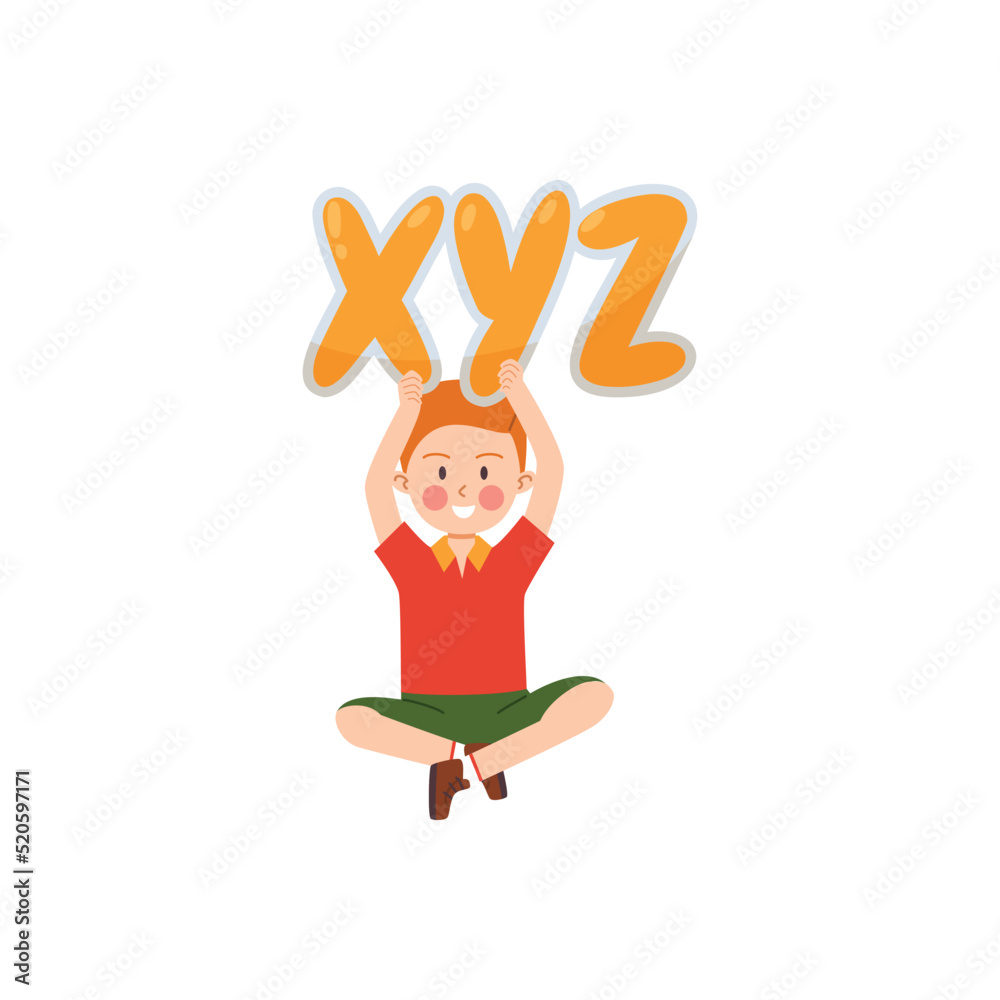 Happy boy sitting with alphabet letters XYZ above his head, flat vector ...