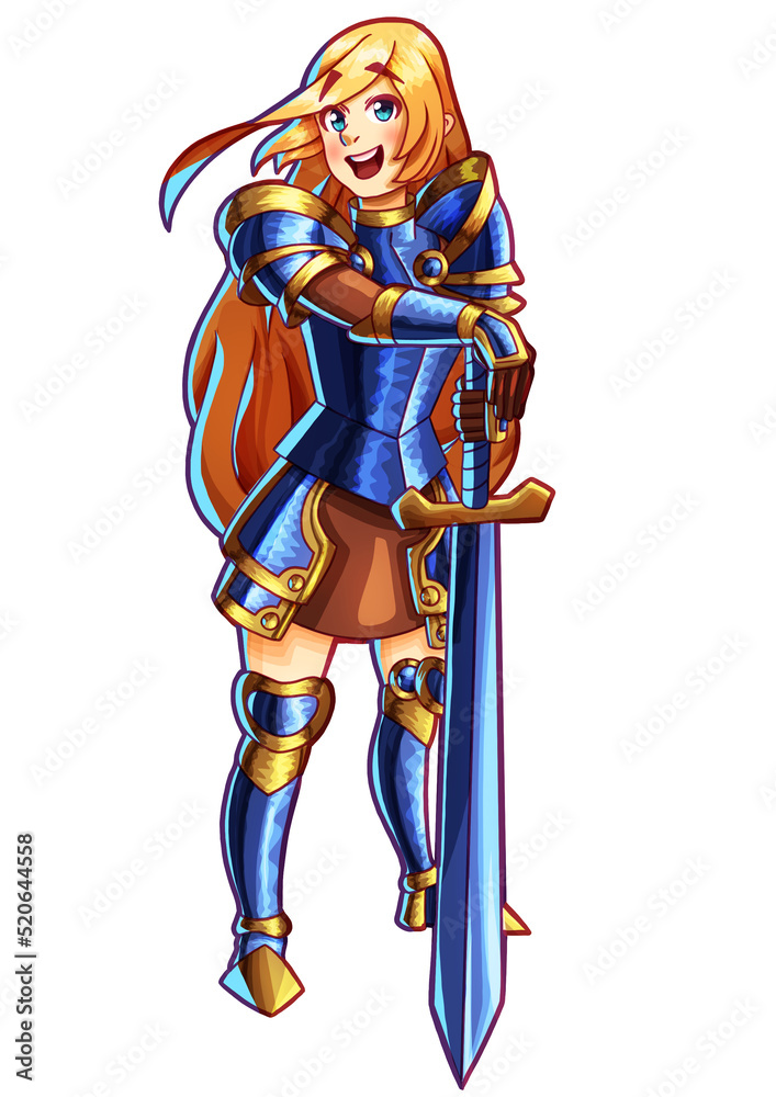 Cute cartoon anime style knight girl stands, leans on her sword, she is ...