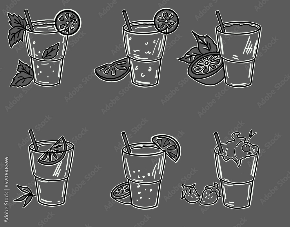 Drawings of drinks for the summer menu in a cafe. Simple sketch of soda ...