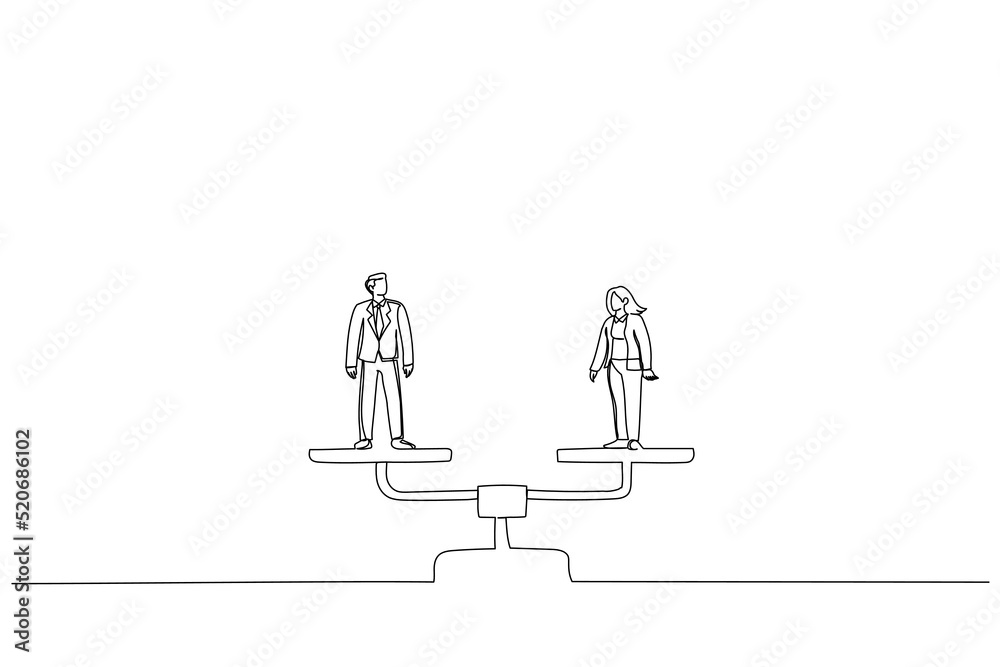 Drawing of business man and woman standing on balance scales. Gender ...