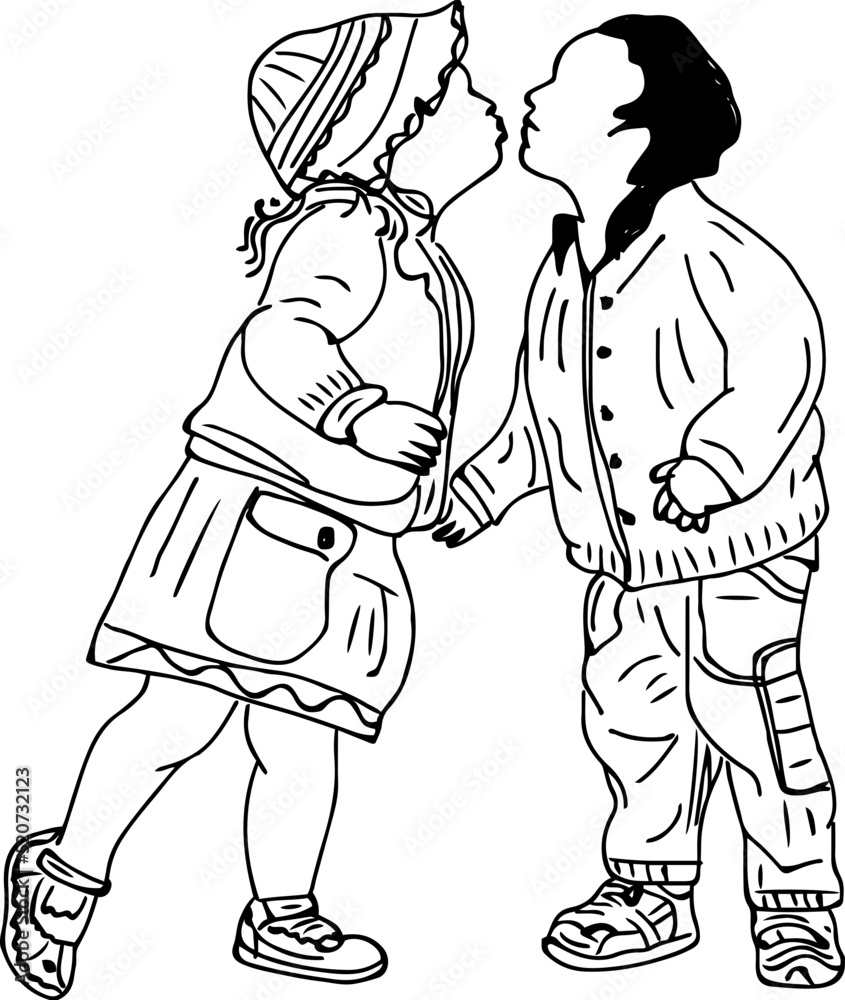 Kid Boy and girl kissing sketch drawing, cute kids loving each other ...