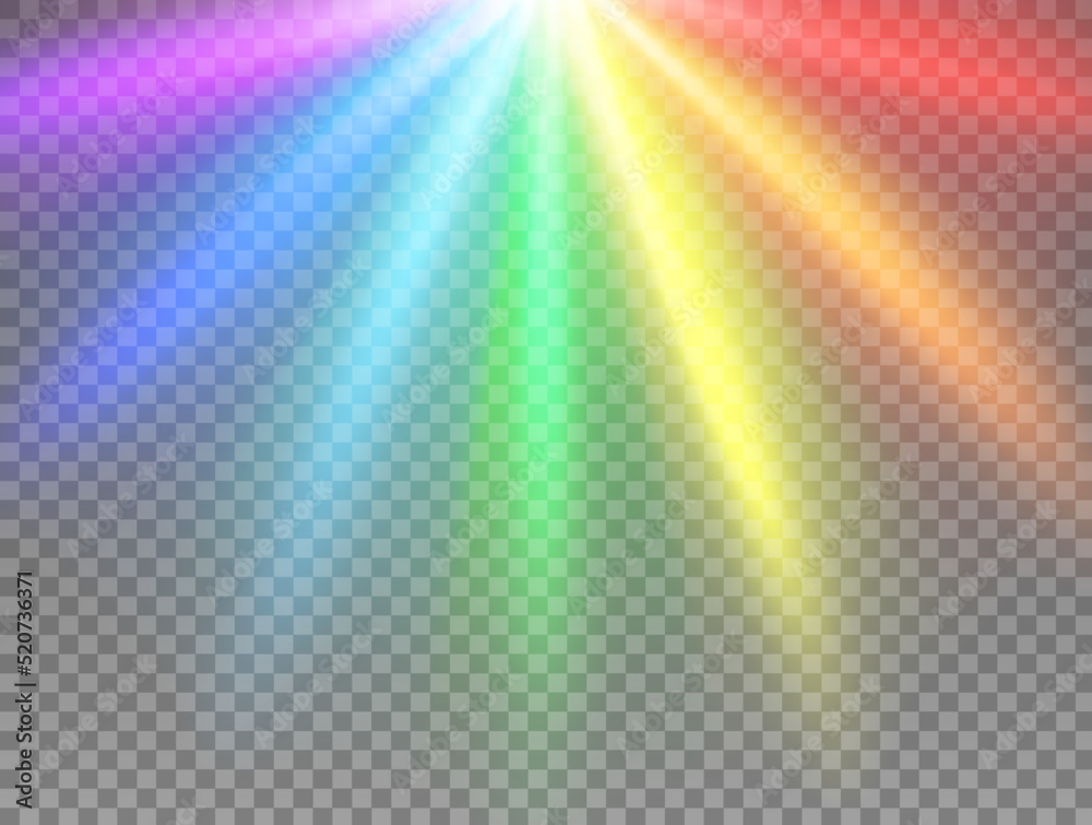 Rainbow rays on transparent background, light beams of color spectrum, vector lens flare effect ...
