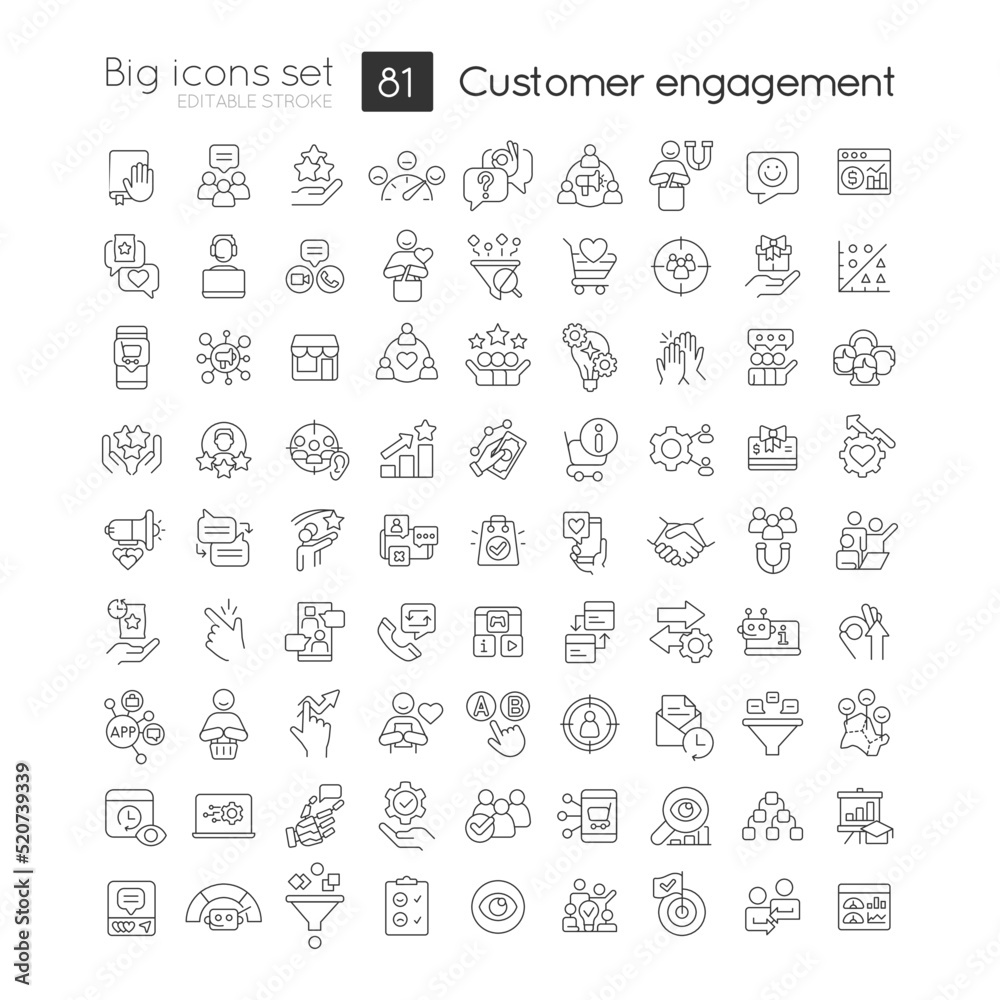 Customer engagement linear icons set. Ecommerce. Marketing strategies ...