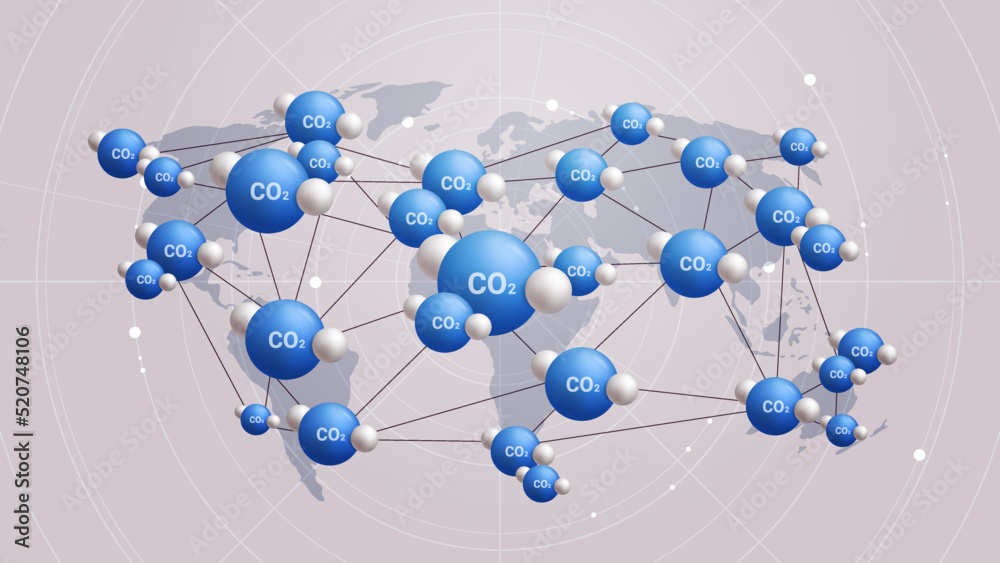CO2 carbon dioxide toxic gas molecules network on world map emission ...