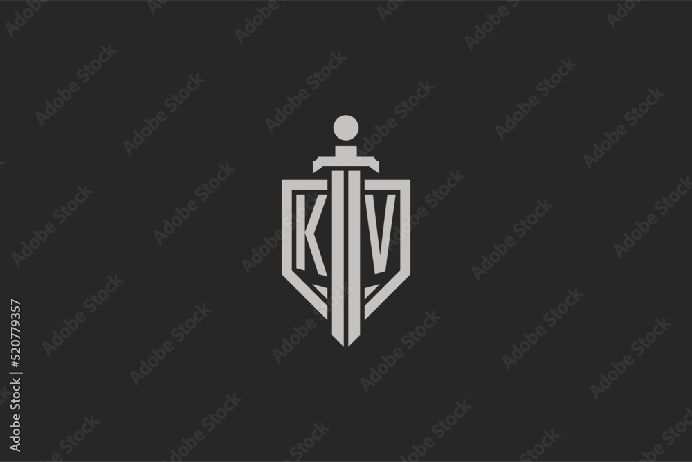 Letter KV logo with shield and sword icon design in geometric style ...