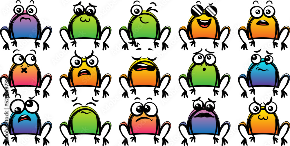Various Cartoon Toads Set. Doodle faces, eyes and mouth. Caricature ...
