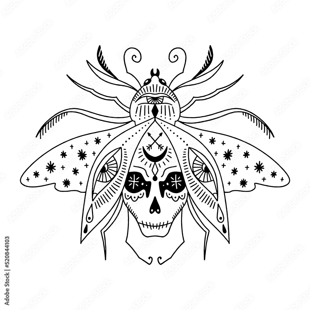 Creepy beetle with Mexican skull skeleton human face in dark boho style ...