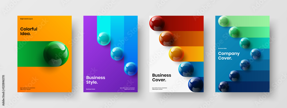 Vivid front page A4 vector design layout set. Bright realistic balls ...