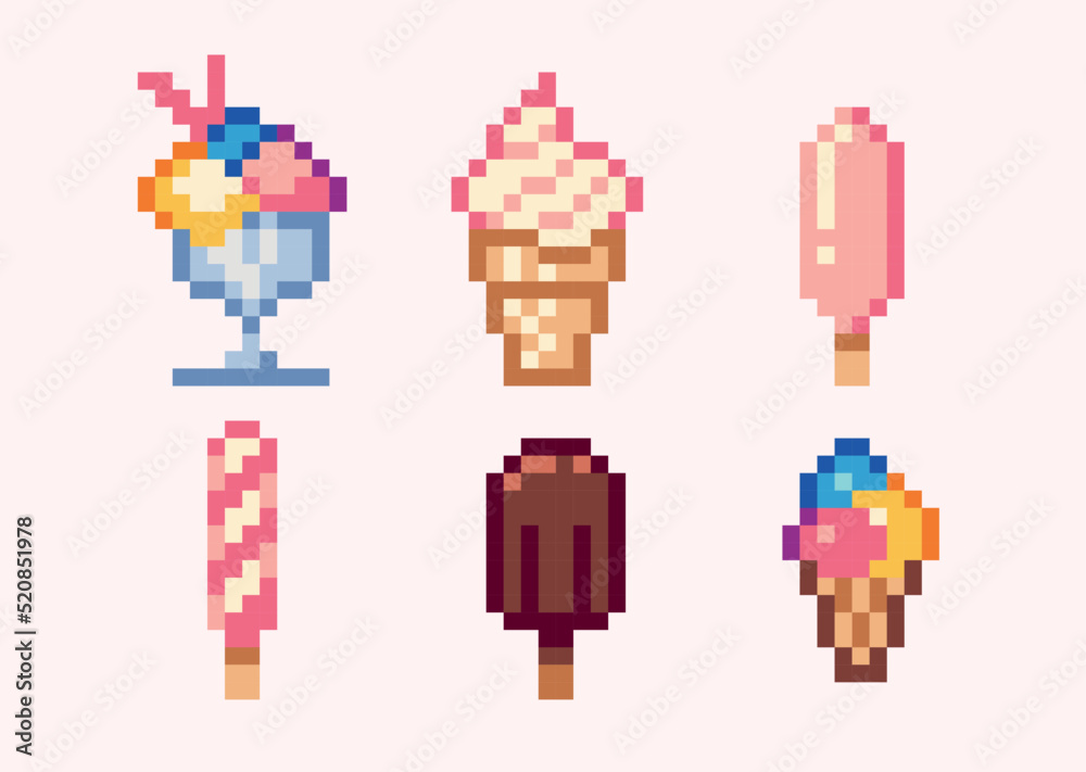 Ice cream pixel art set. Frozen candy collection. Gelato, sorbet ...