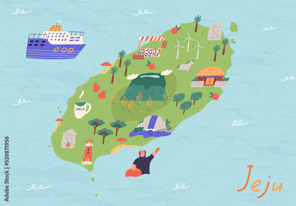 Jeju island map with landmarks, cartoon flat vector illustration ...