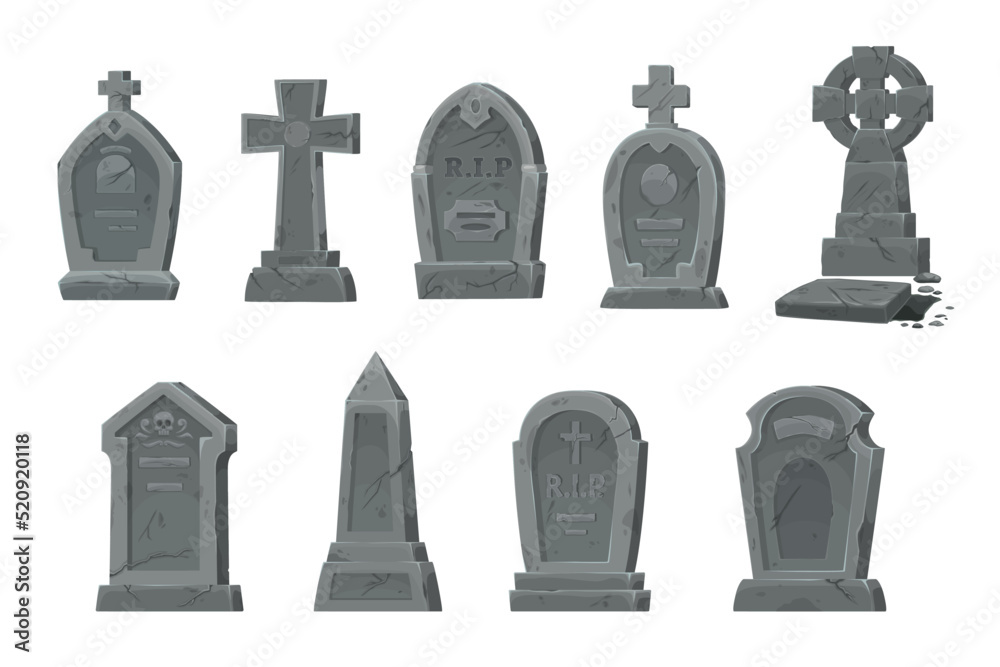 Cemetery graves and gravestones vector set of isolated cartoon ...