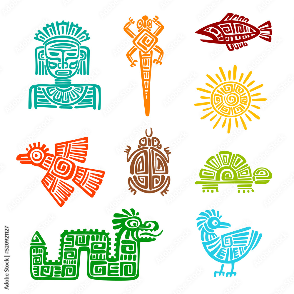 Vetor Mayan aztec totem animals, vector animal symbols with tribal ...