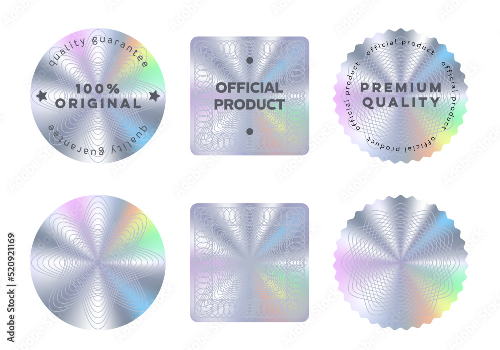 Hologram stickers or labels with holographic texture. Vector silver ...