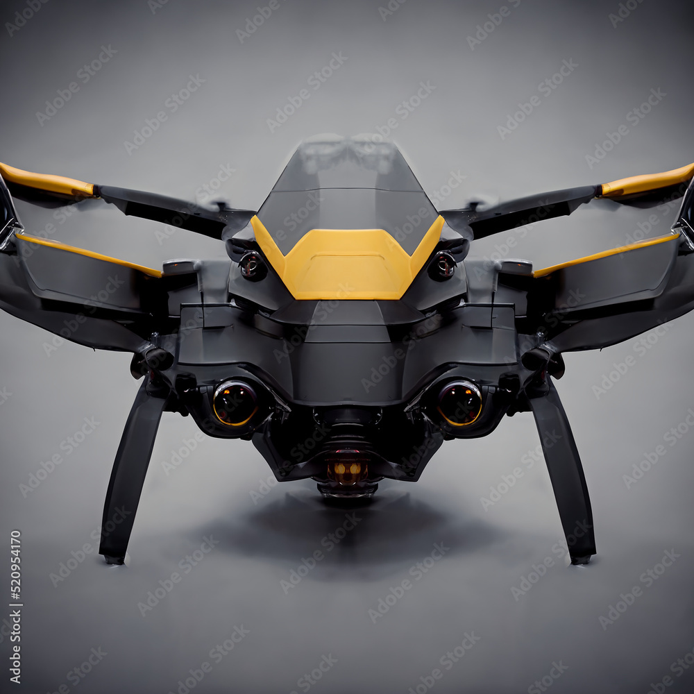 Frontal portrait of a 3d model drone uav flying object weapon in wasp ...