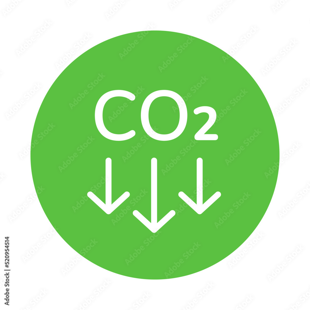 CO2 emission reduction icon green round label. CO2 text with down looking arrows white linear ...