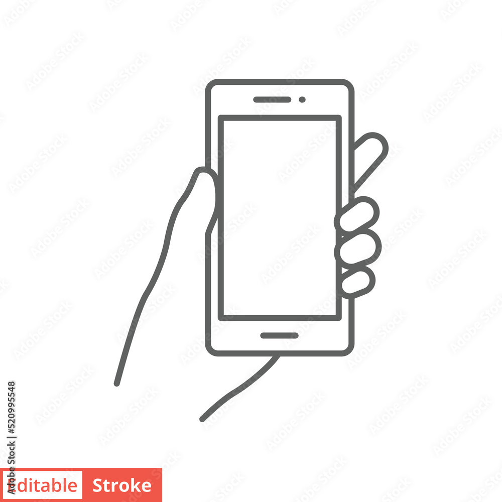 Hand holding smartphone icon. Simple outline style. Hold mobile phone ...