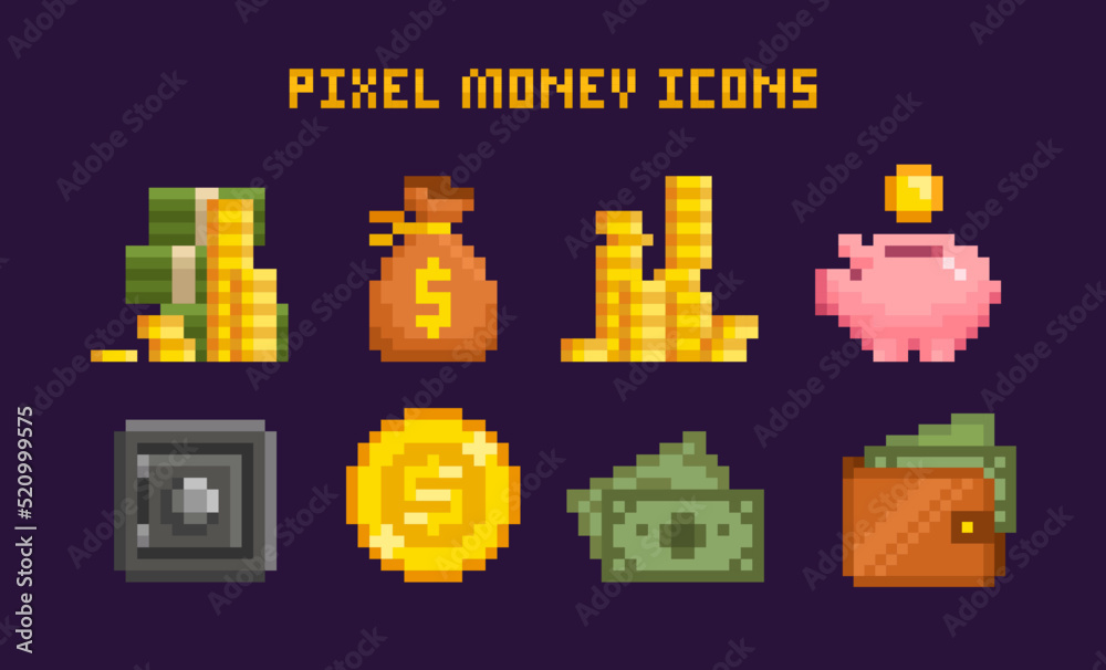 Pixel Art Cash Money and stack of coins vector icons set. Pixel wallet ...