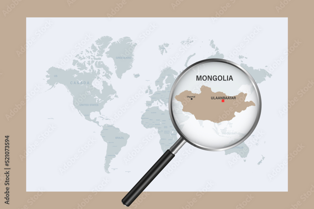 Map of Mongolia on political world map with magnifying glass Stock ...