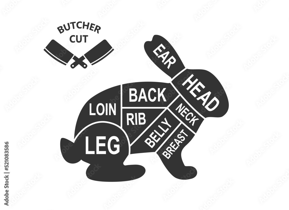 Rabbit scheme cuts. Butcher diagram poster. Meat diagram scheme ...