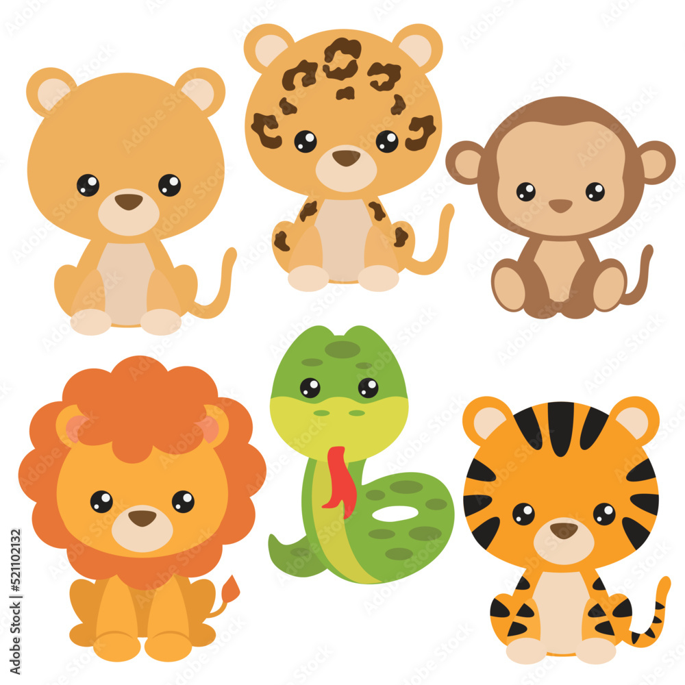 Cute sitting baby animals vector cartoon illustration. Jungle animals ...