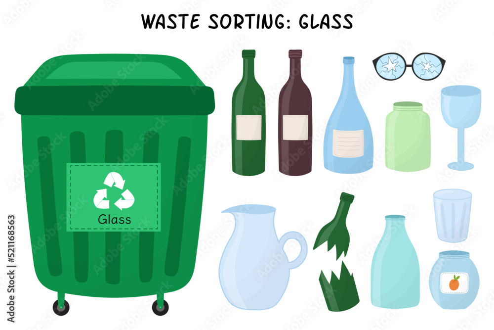 Glass garbage sorting set. Green trash can for glass waste with bottles ...