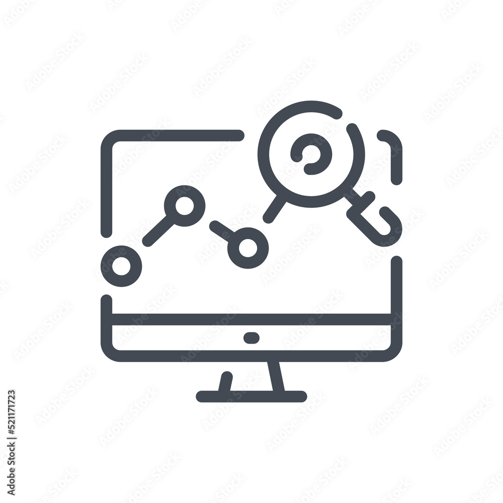 Computer with graph chart and magnifier glass line icon. Online ...