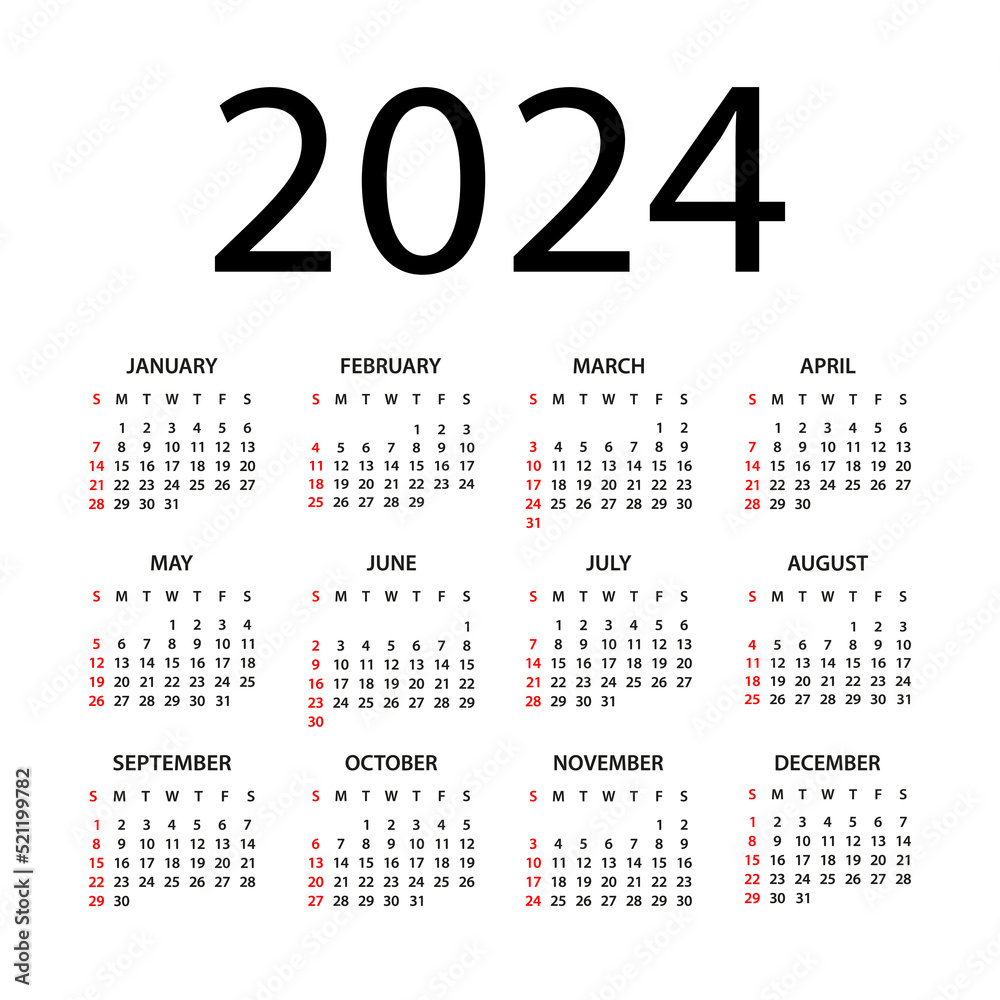 Calendar 2024 year - vector illustration. Week starts on Sunday ...