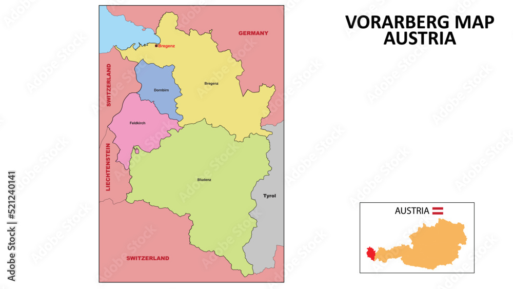 Vektor Vorarlberg Map. State and district map of Vorarlberg. Political map of Vorarlberg with ...