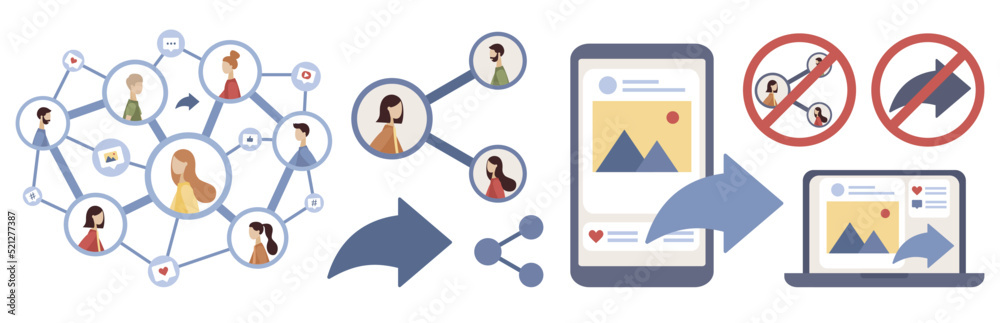 Share icon set. People sharing data, photos, links, posts and news in ...