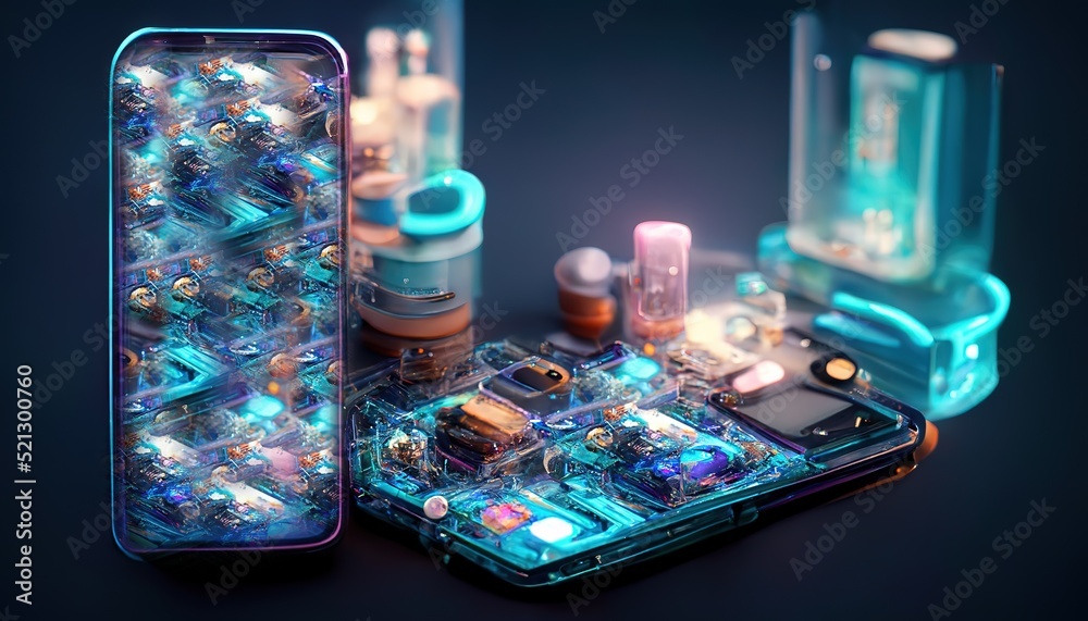 Microchip, electronic components of a mobile device on a printed ...