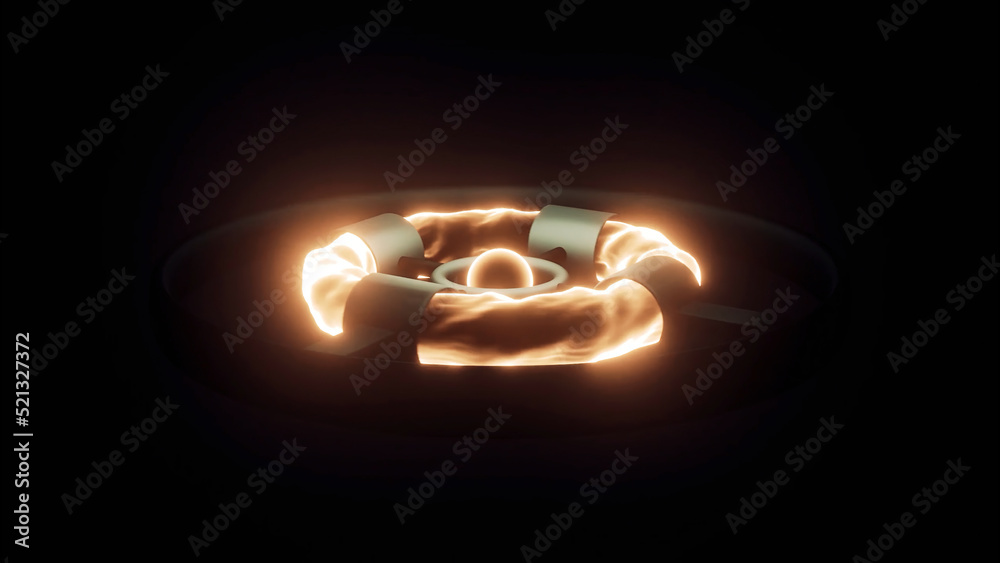 Bright glowing fire circular shapes inside black metal ring. Design ...