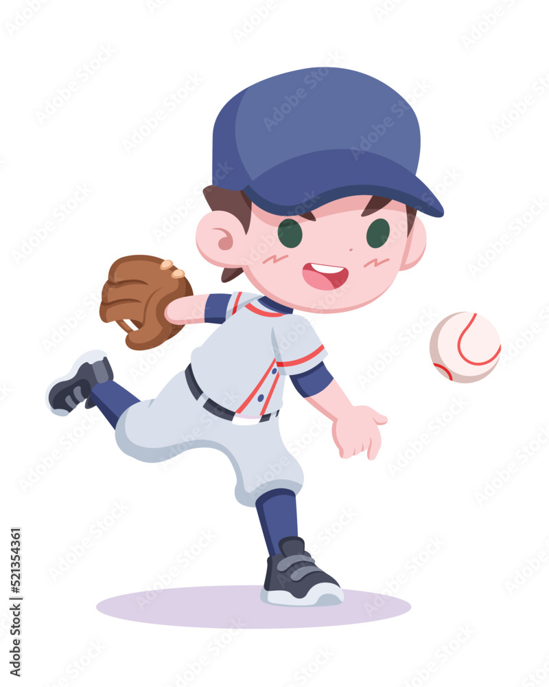 Cute style baseball player throwing ball cartoon illustration Stock ...