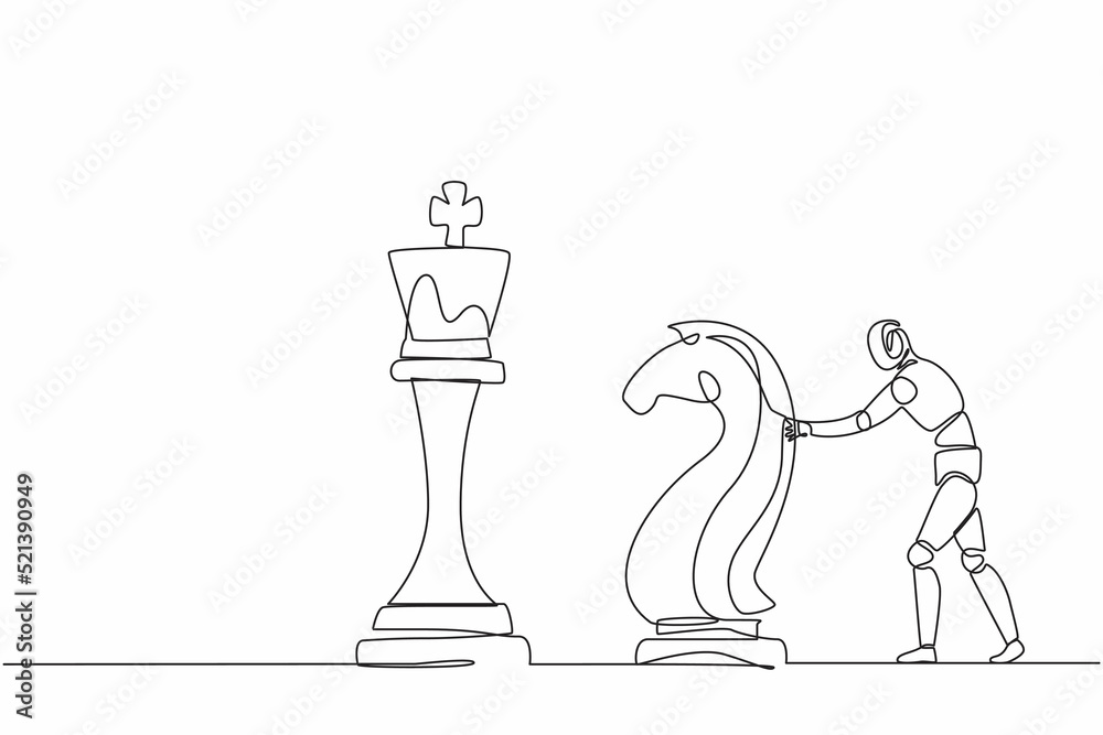Continuous one line drawing robots push huge knight horse chess piece ...
