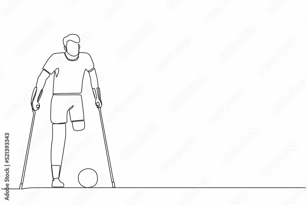 Single continuous line drawing disabled man with crutches playing ...