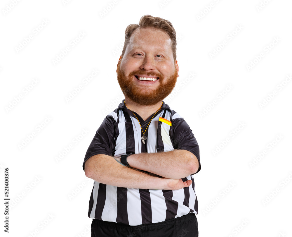 Happy referee. Funny man with a caricature face isolated over white ...
